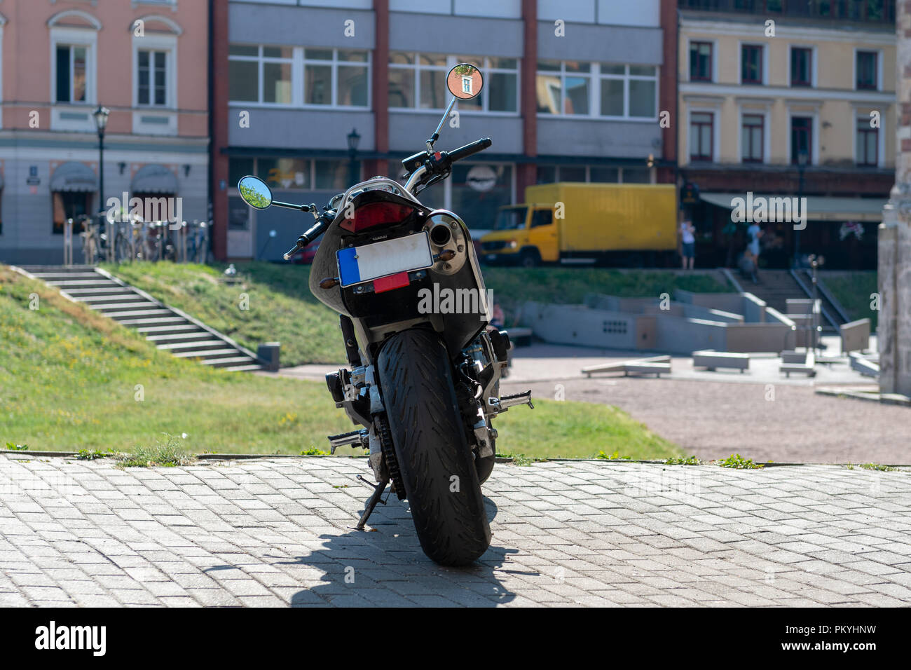 RIGA, LATVIA - JULY 27, 2018: Black motorcycle with large tires on the ...