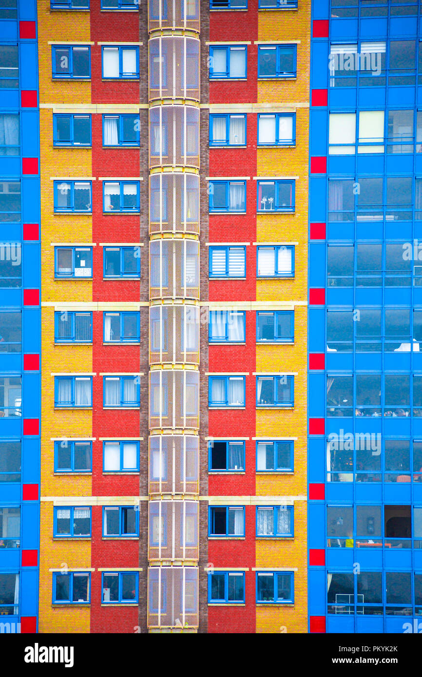 Architectural details on Vibrant colorful apartment building Stock ...