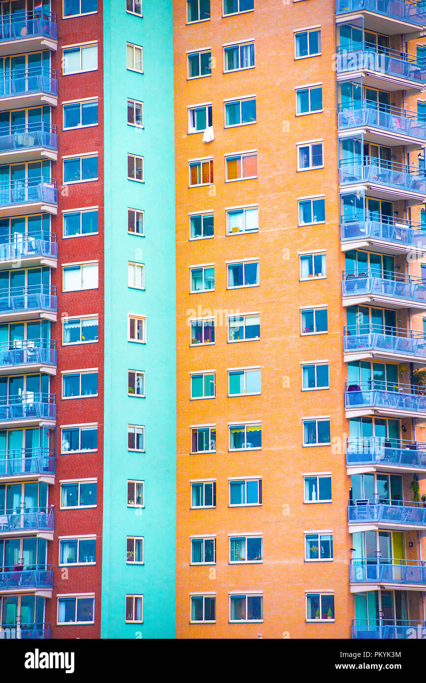Architectural details on Vibrant colorful apartment building Stock ...