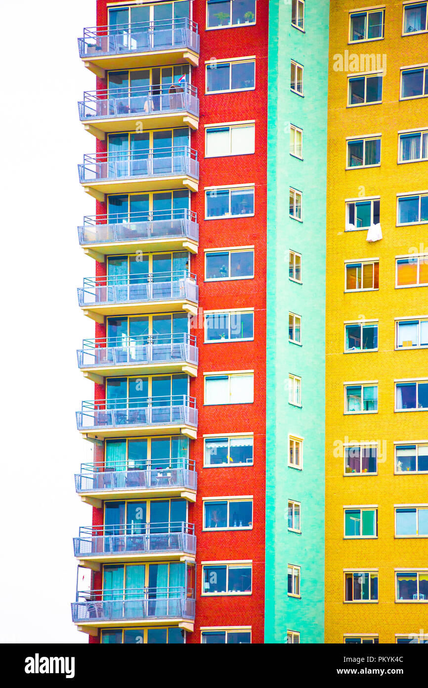 Architectural details on Vibrant colorful apartment building Stock ...