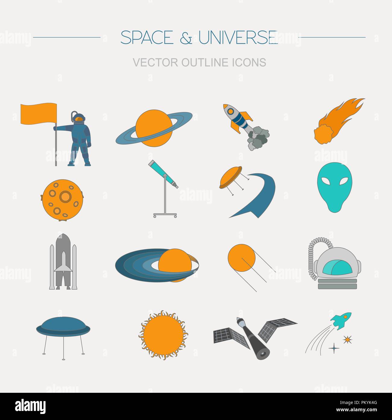 Space, universe graphic design. Linear icon set. Vector illustration ...