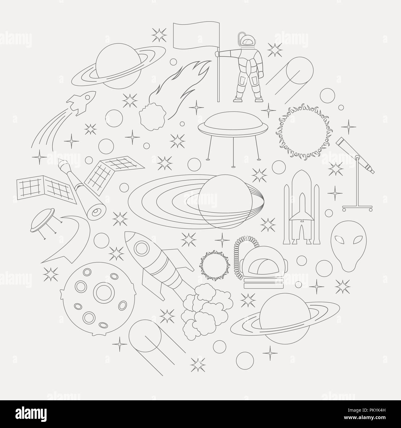 Space, universe graphic design. Linear icon set. Vector illustration ...