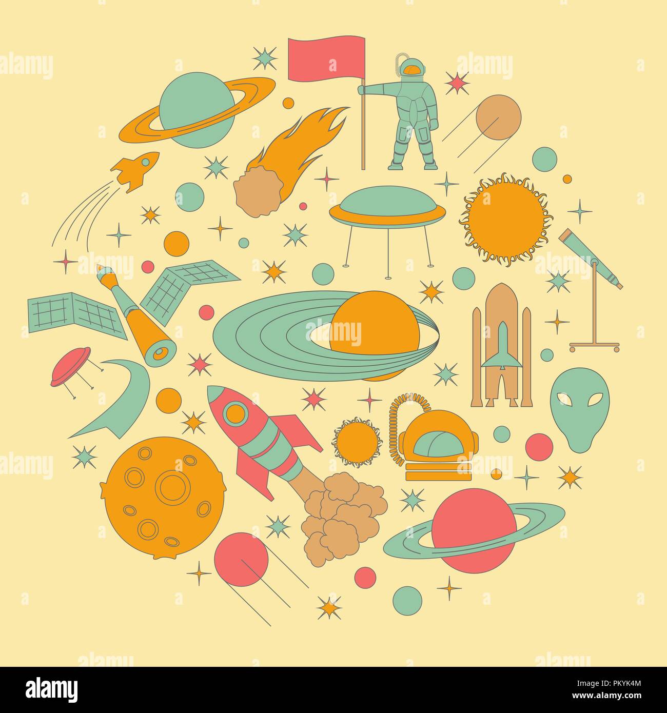 Space, universe graphic design. Linear icon set. Vector illustration ...