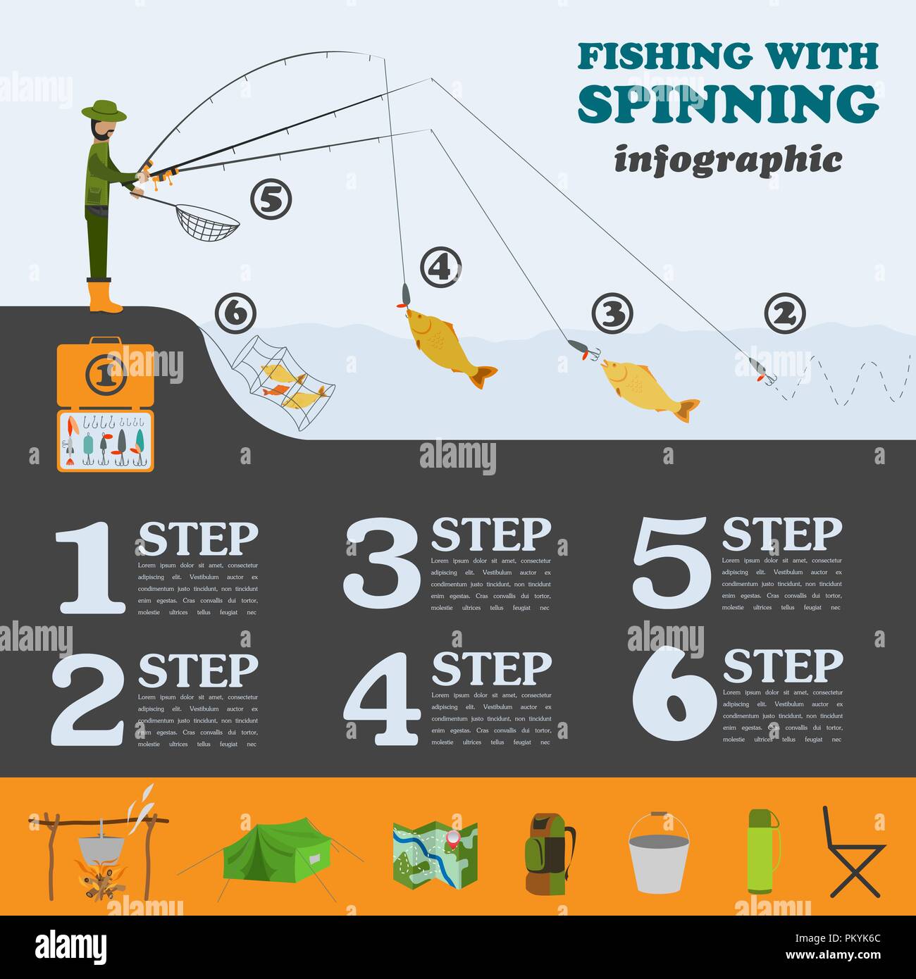 Fishing infographic. Fishing with spinning. Set elements for creating ...