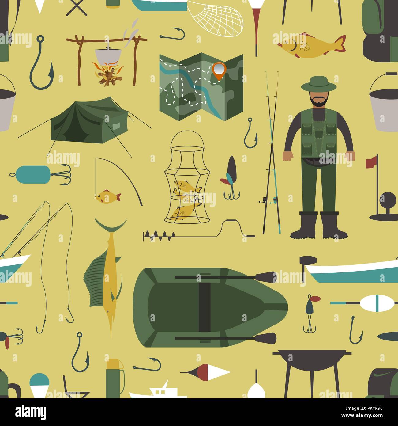 Fishing seamless pattern. Fishing design elements. Vector illustration ... Fishing seamless pattern. Fishing design elements. Vector illustration ...