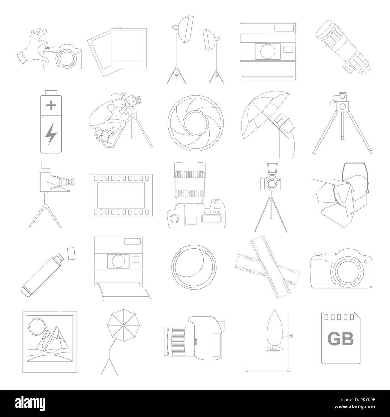 Photography icon set with photo, camera equipment. Outline version ...