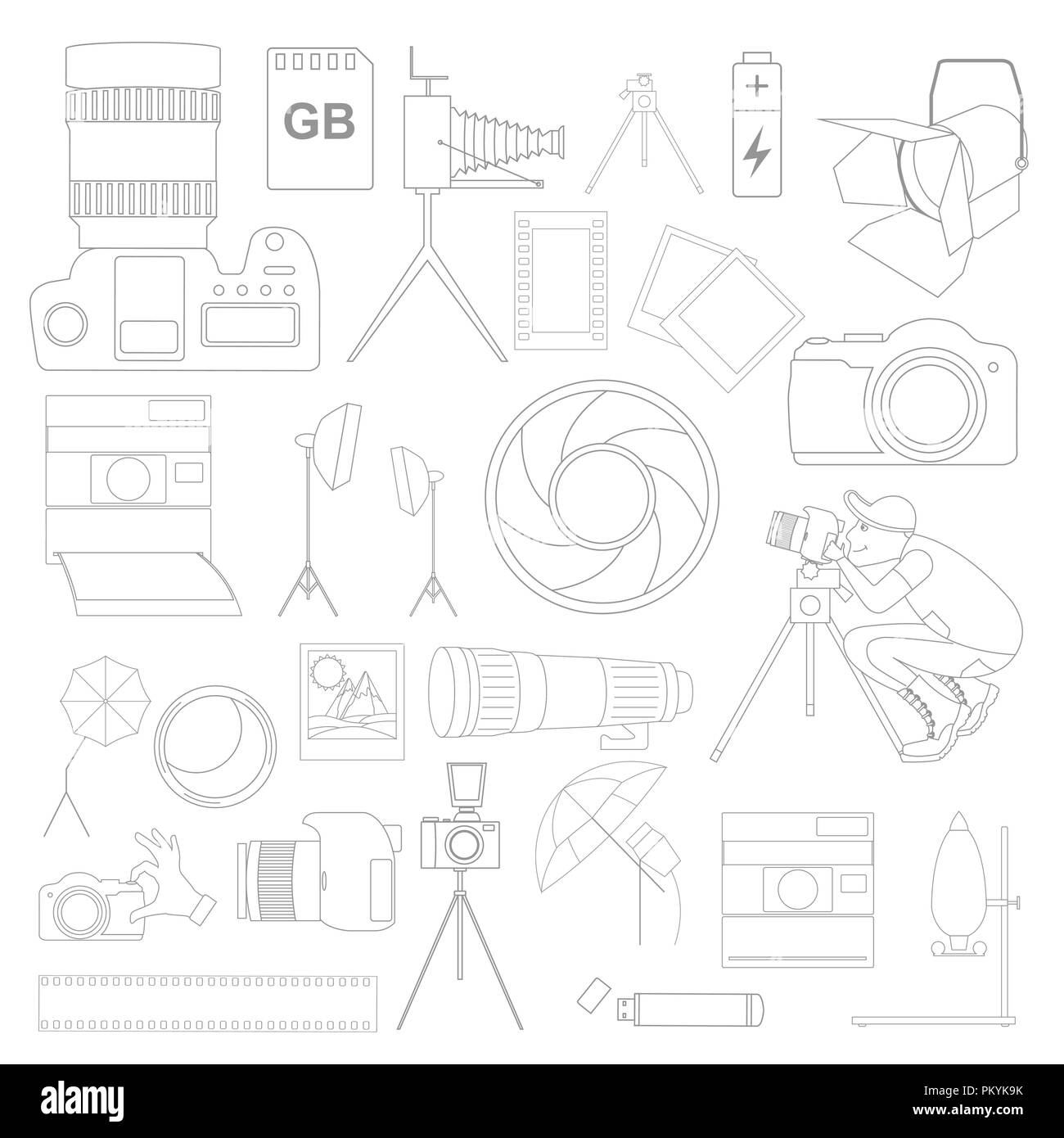 Photography icon set with photo, camera equipment. Outline version ...