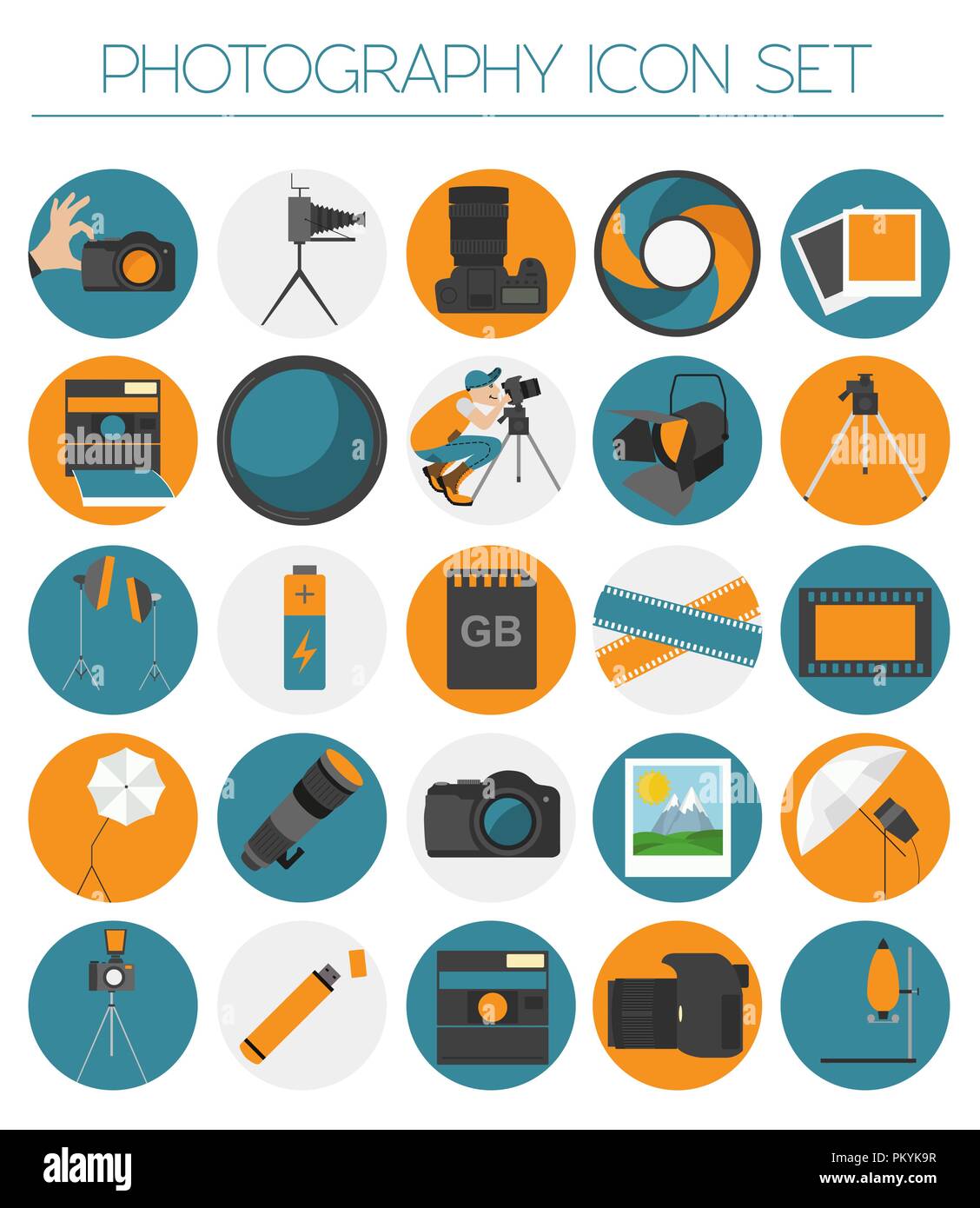 Photography icon set with photo, camera equipment. Colour flat version ...
