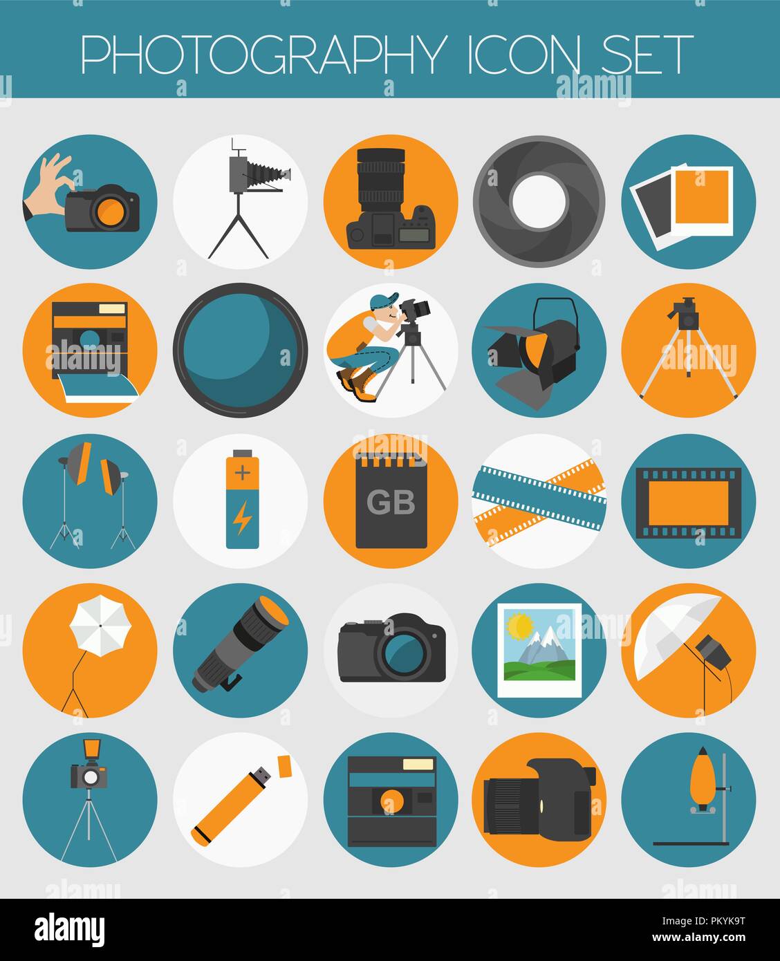 Photography icon set with photo, camera equipment. Colour flat version ...