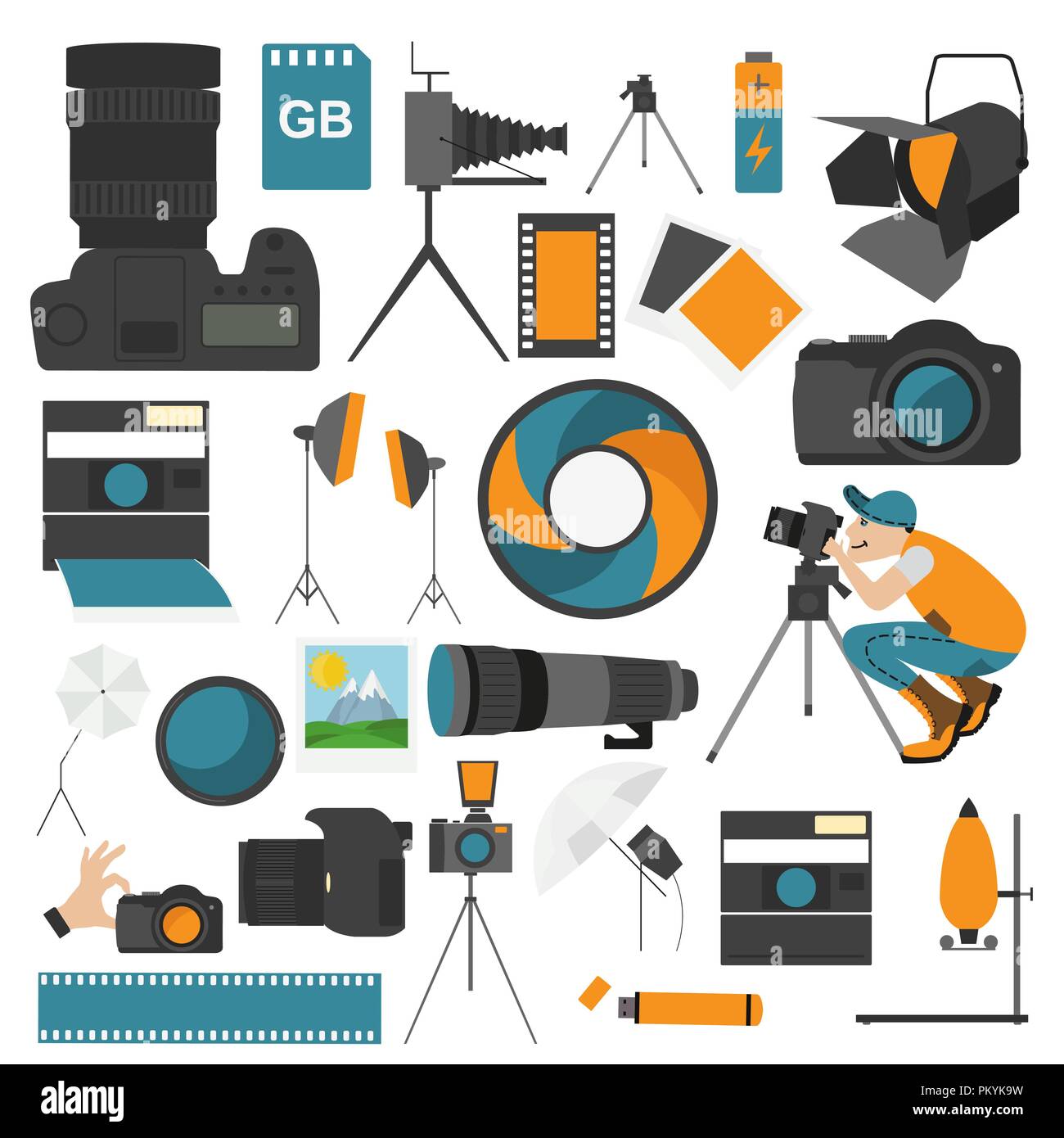 Photography icon set with photo, camera equipment. Colour flat version ...