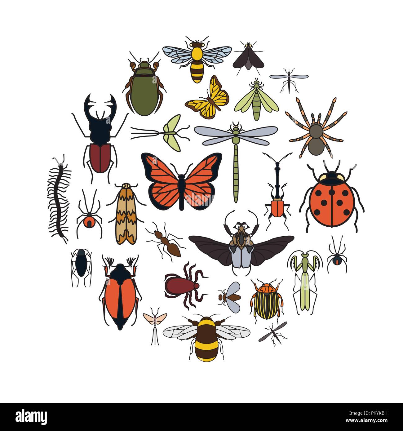 Insects icon flat style. 24 pieces in set. Colour version. Vector ...