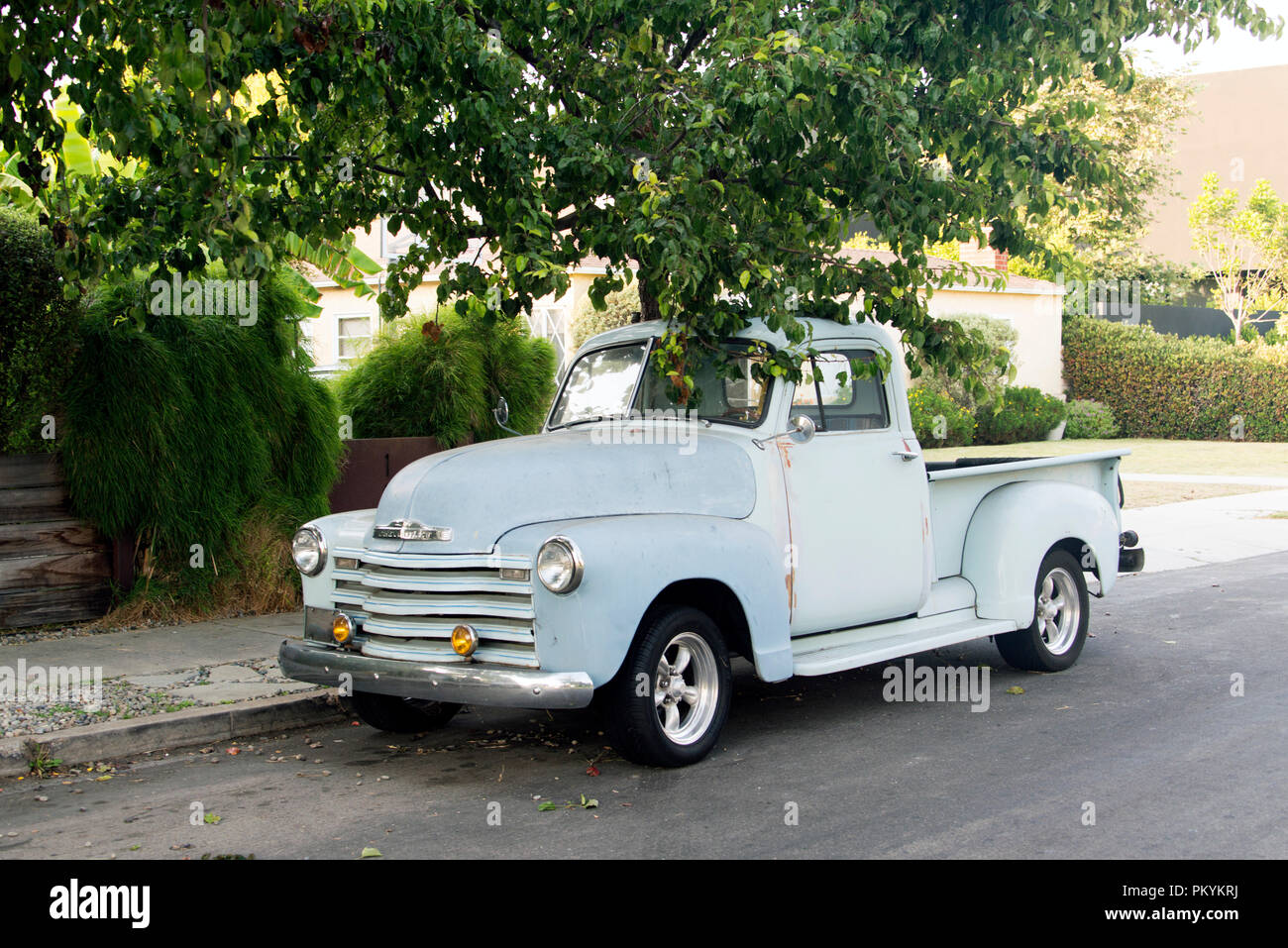 A view of a classic vintage pick up truck car in the street in LA Stock ...