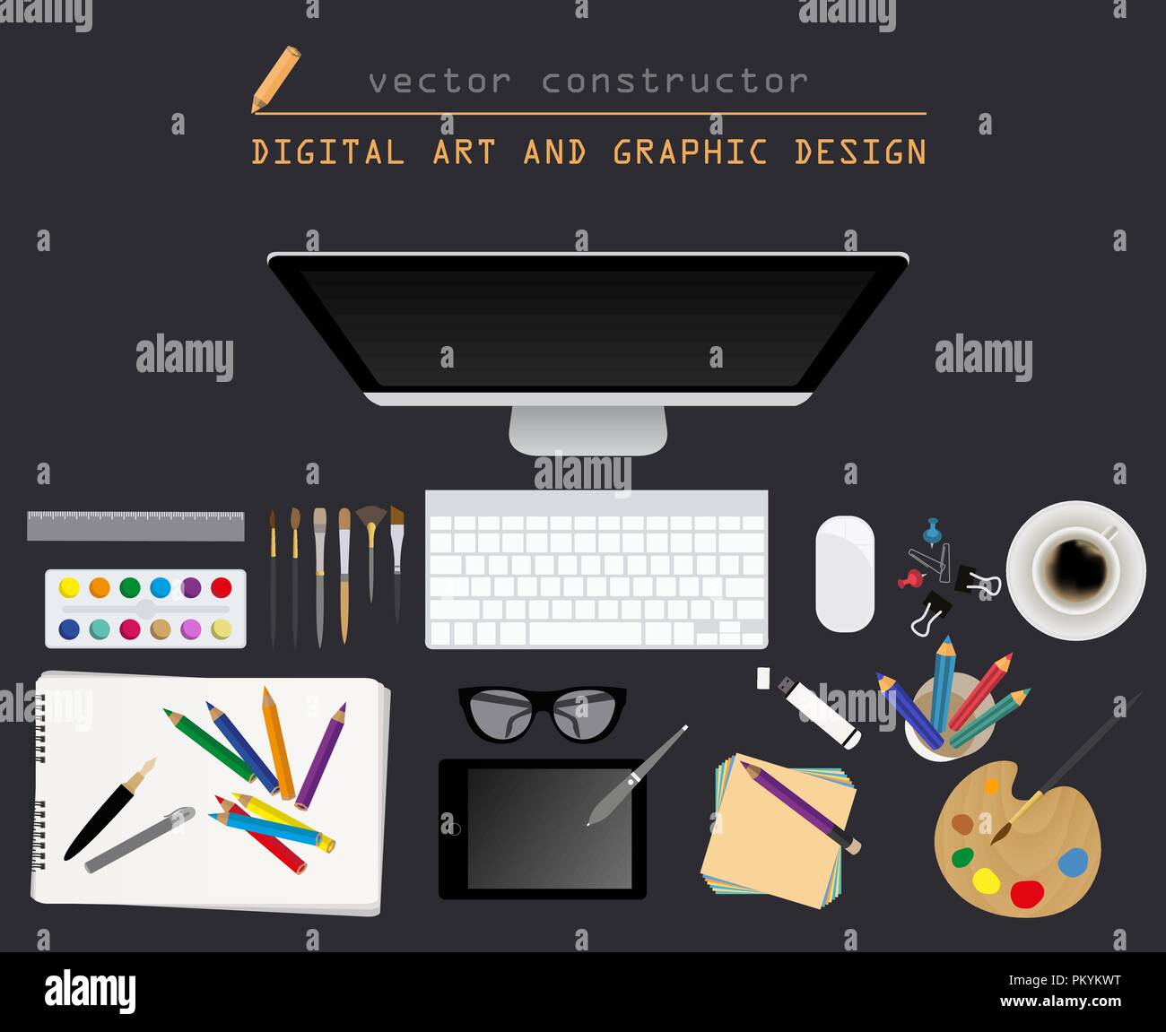 Digital art and graphic design. Working place in flat design ...