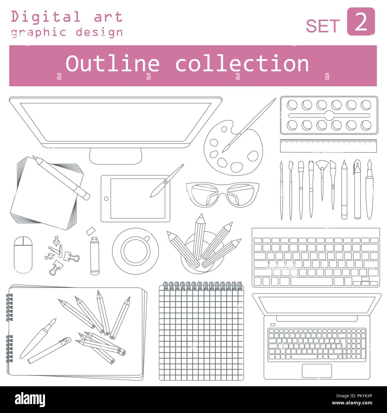 Digital art and graphic design. Working place in outline linear flat ...