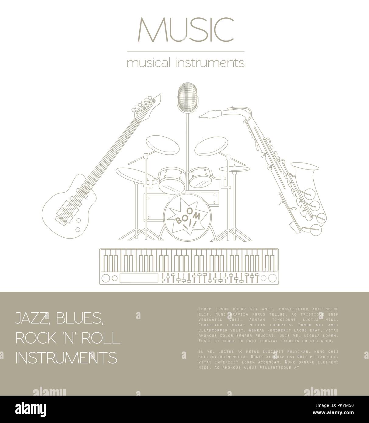 Musical instruments graphic template.Jazz, blues, rock`n`roll band ...