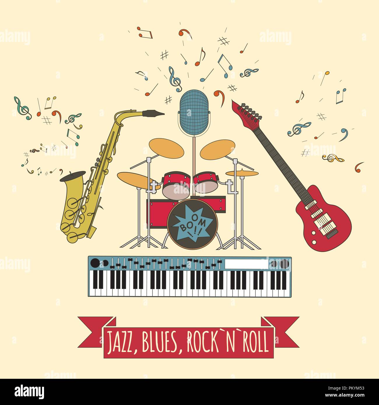 Musical instruments graphic template.Jazz, blues, rock`n`roll band ...