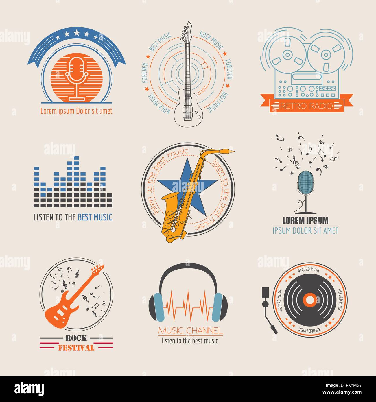 Musical instruments logos and badges. Graphic template. Vector ...