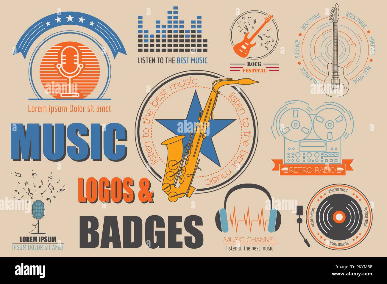 Musical instruments logos and badges. Graphic template. Vector ...