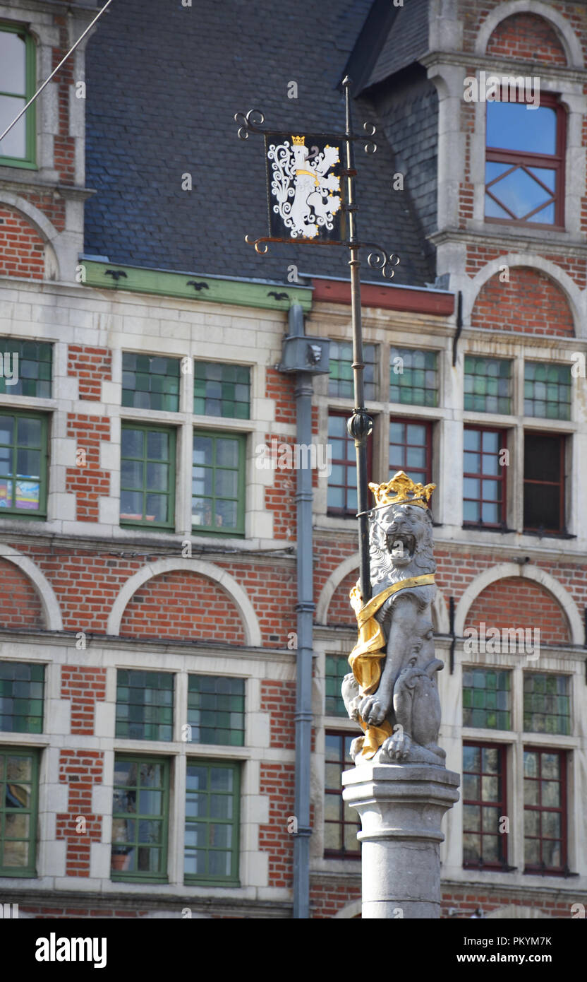 The sculpture of Flemish lion holding the Coat of Arms of Ghent ...