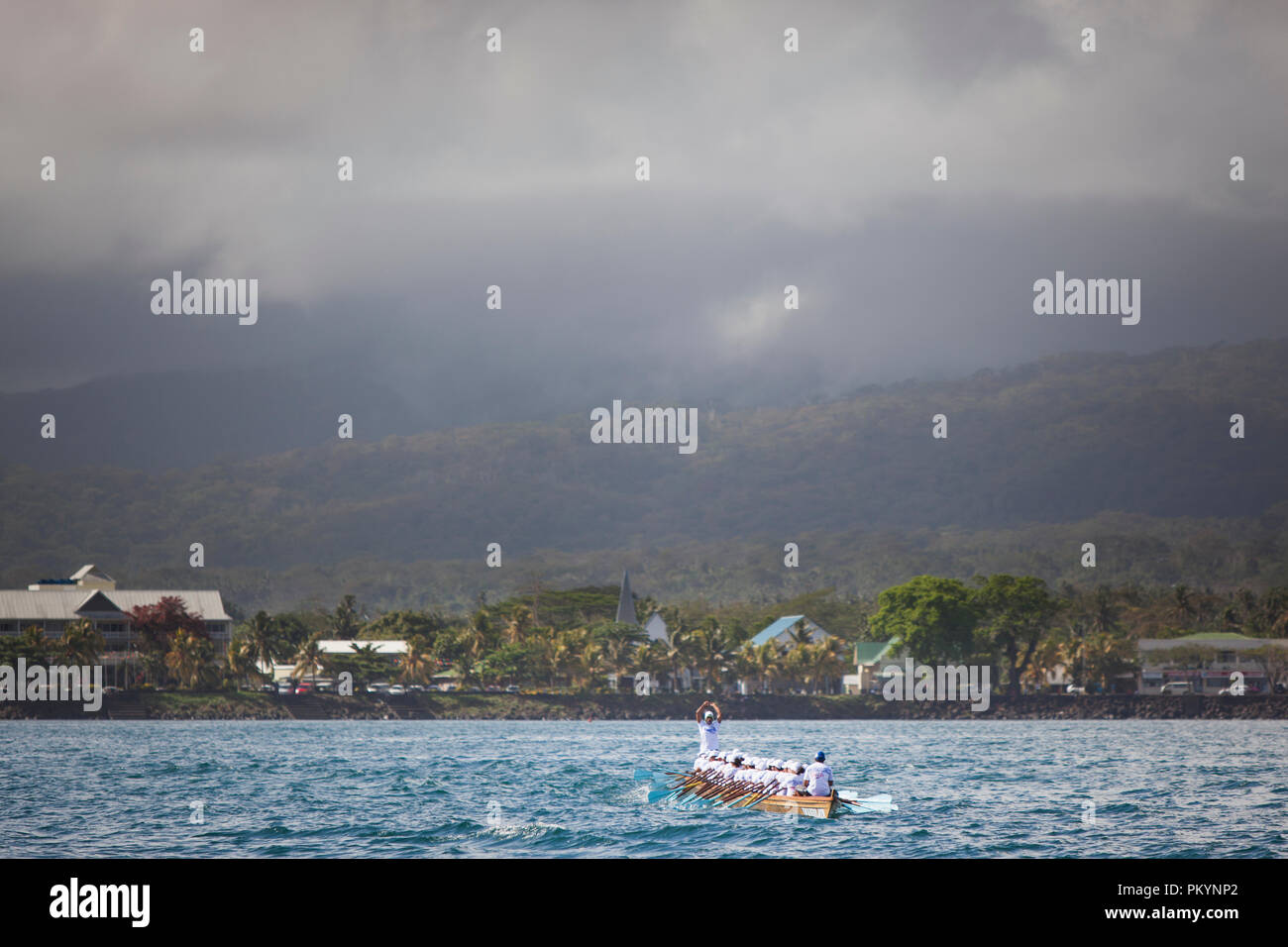 A fautasi (longboat) racing at full speed during the Fautasi Ocean ...