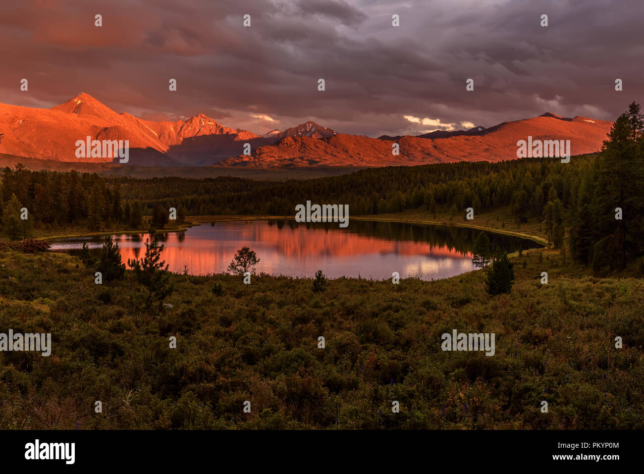 Amazing red sunset over a beautiful lake, mountains, forest and trees ...