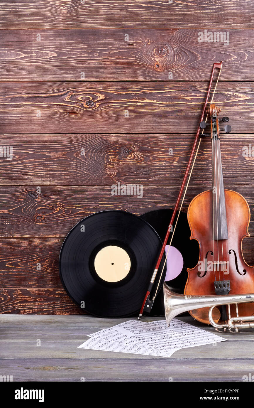 Set of musical instruments and copy space. Vinyl records, violin ...