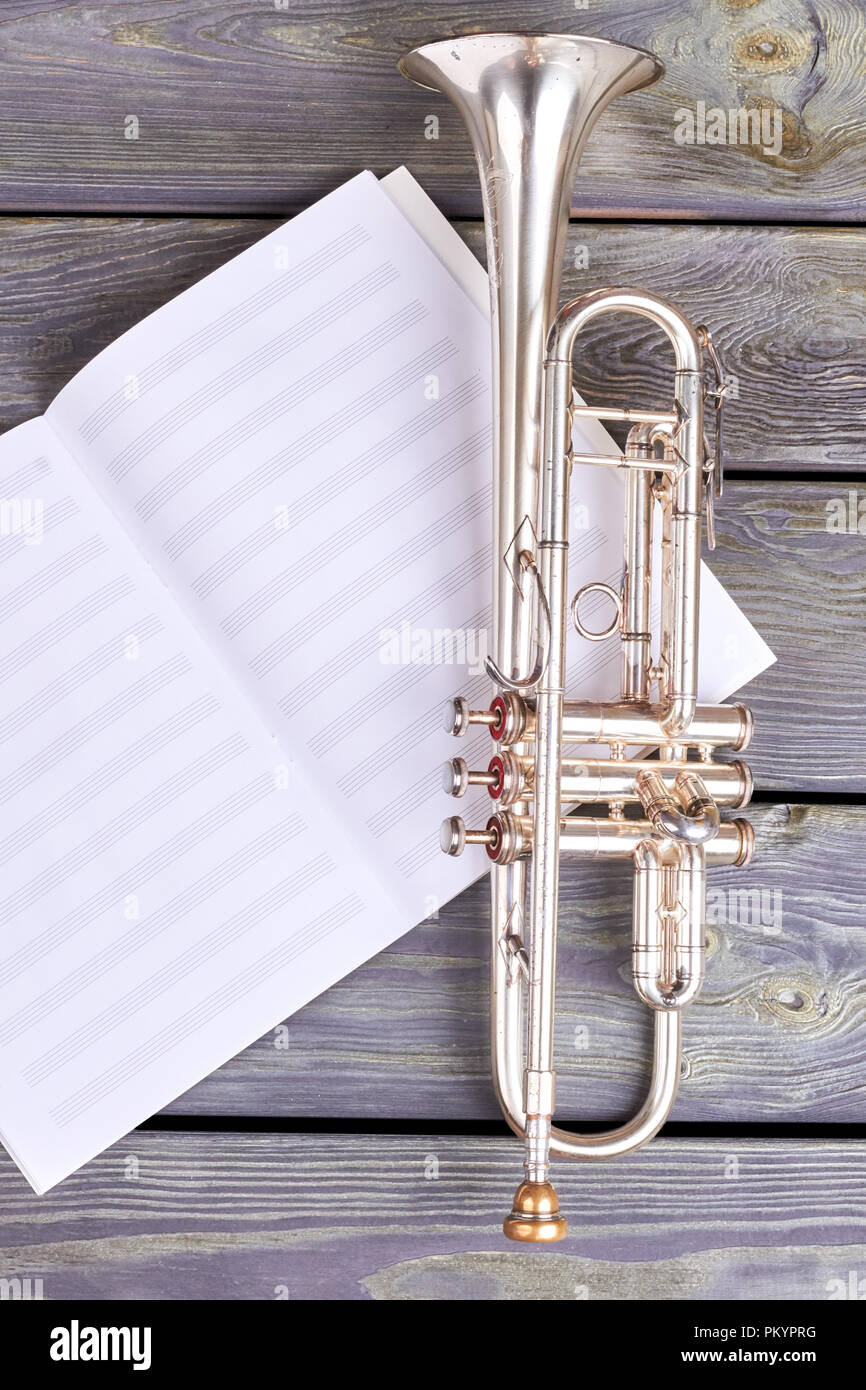 Trumpet on musical notes. Musical notes sheet and aged trumpet, top ...