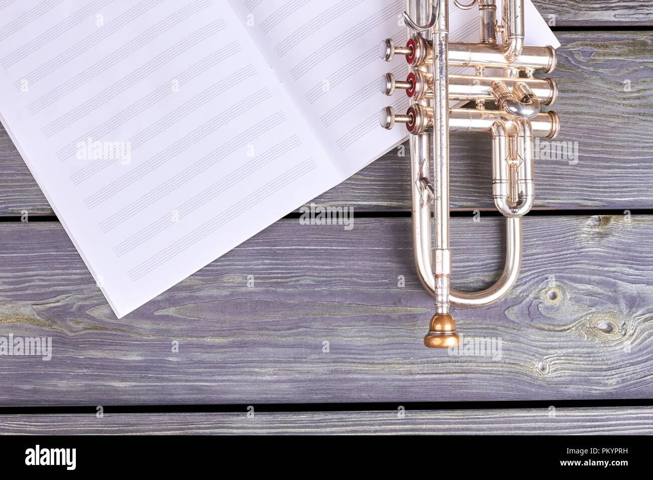 Old musical instrument on wooden background. Vintage trumpet and ...
