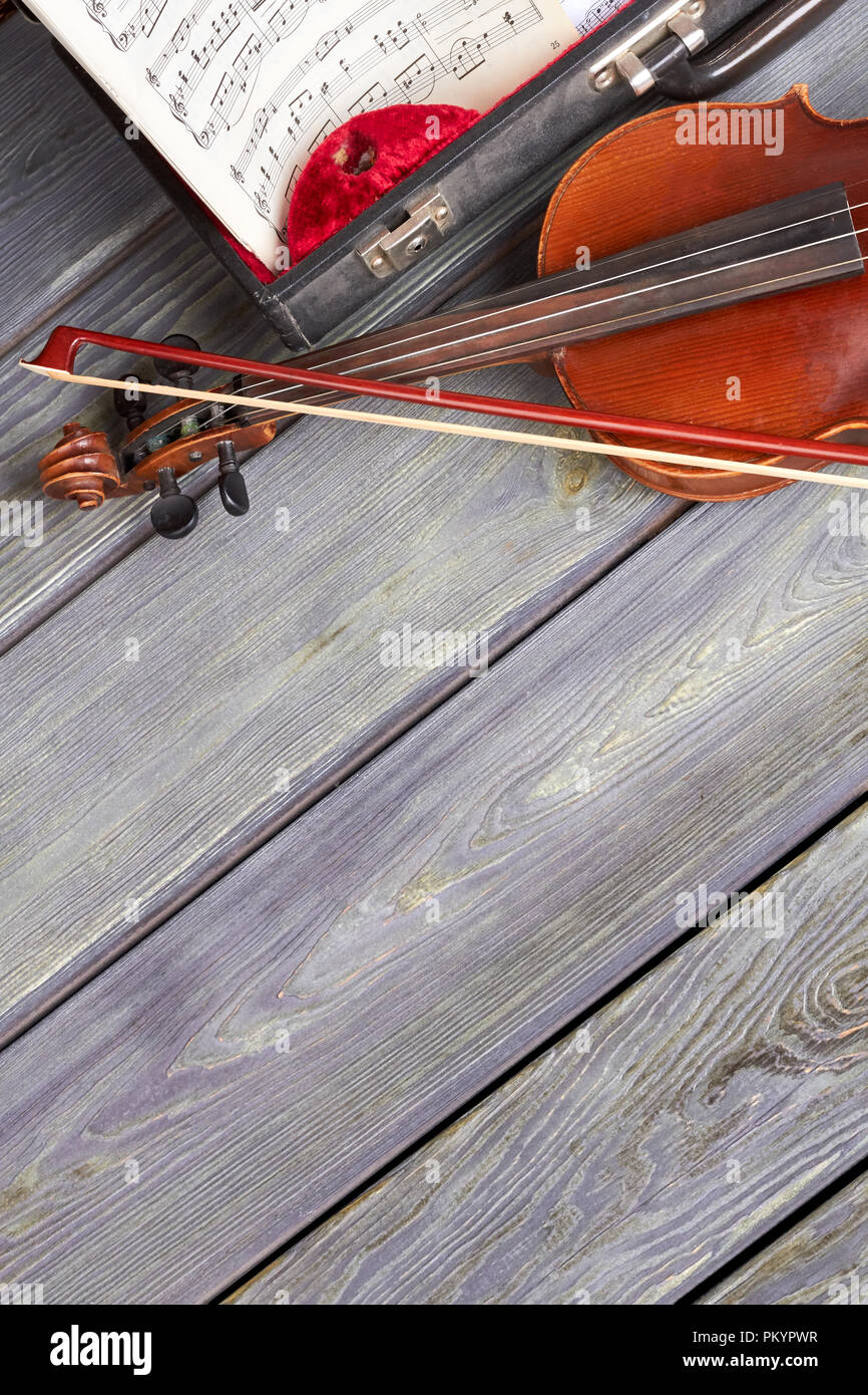 Violin and musical notes sheets. Classical musical instruments on old ...