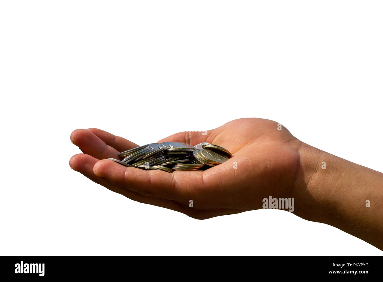 hand holding small money on white isolated background Stock Photo - Alamy