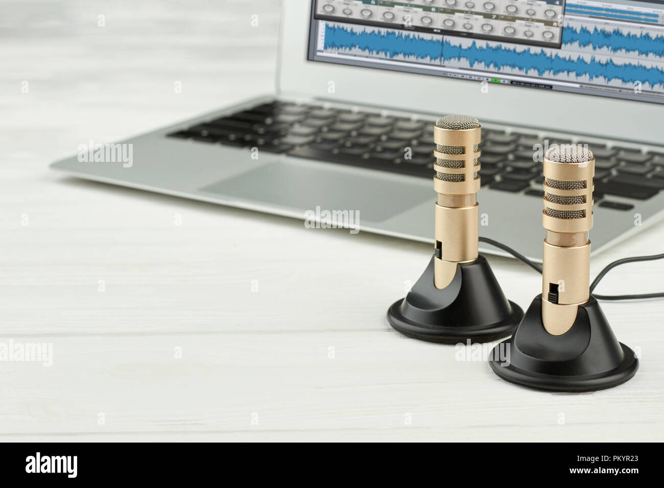 Stereo recorder microphones and laptop. Mini stereo microphones and ...