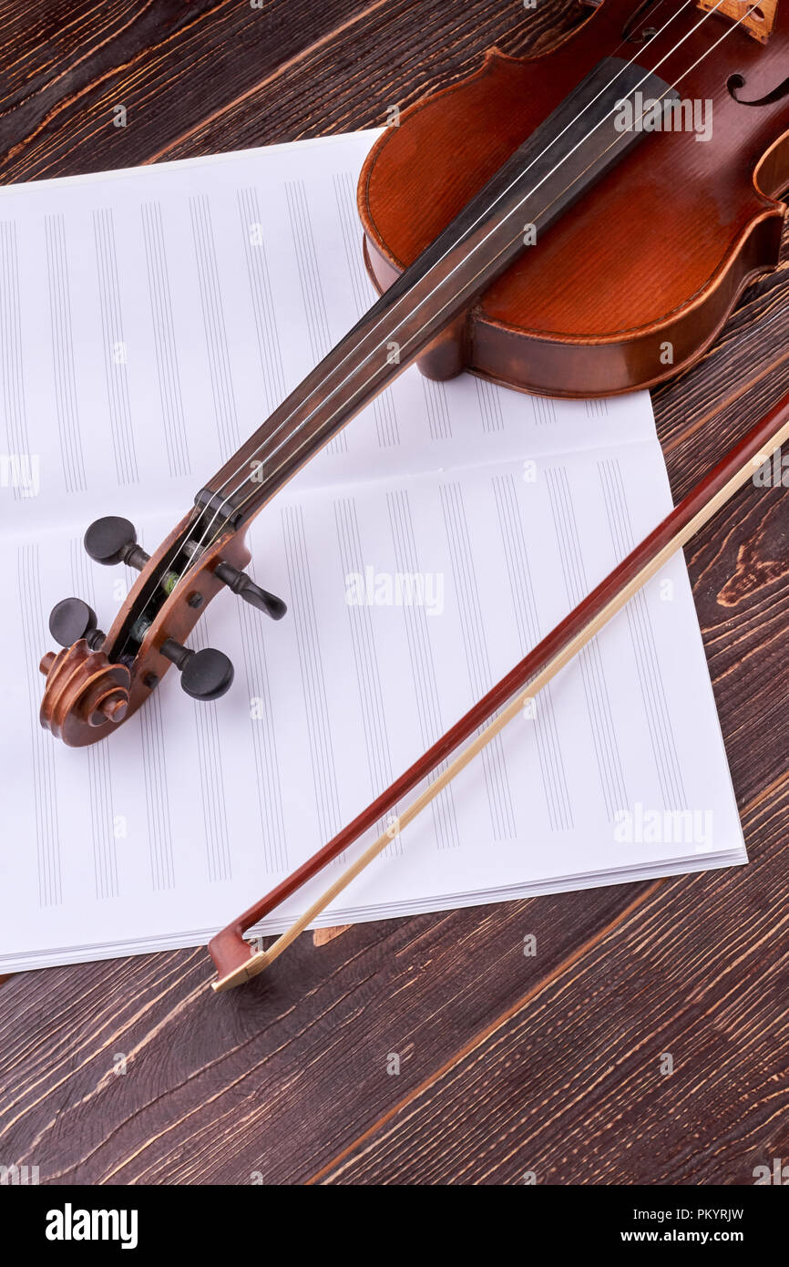 Violin and music notes book, vertical image Stock Photo - Alamy