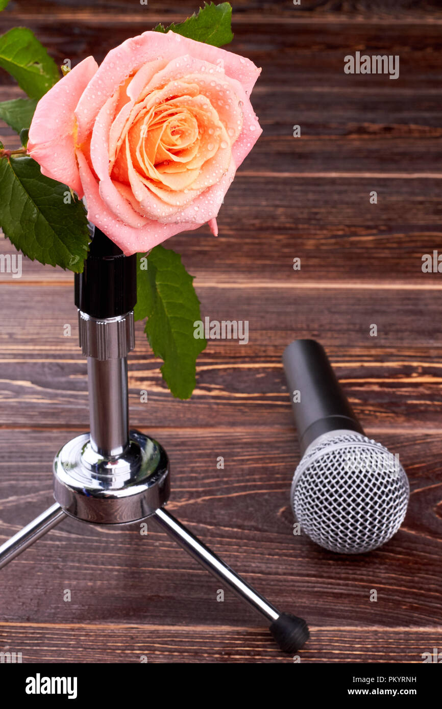 Pink rose and microphone on wooden background Stock Photo - Alamy