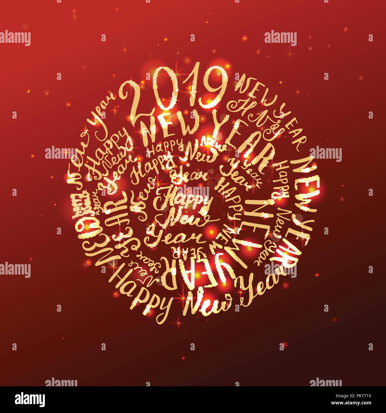 2019 New Year. Calligraphic inscription. Vector illustration. Red glow ...