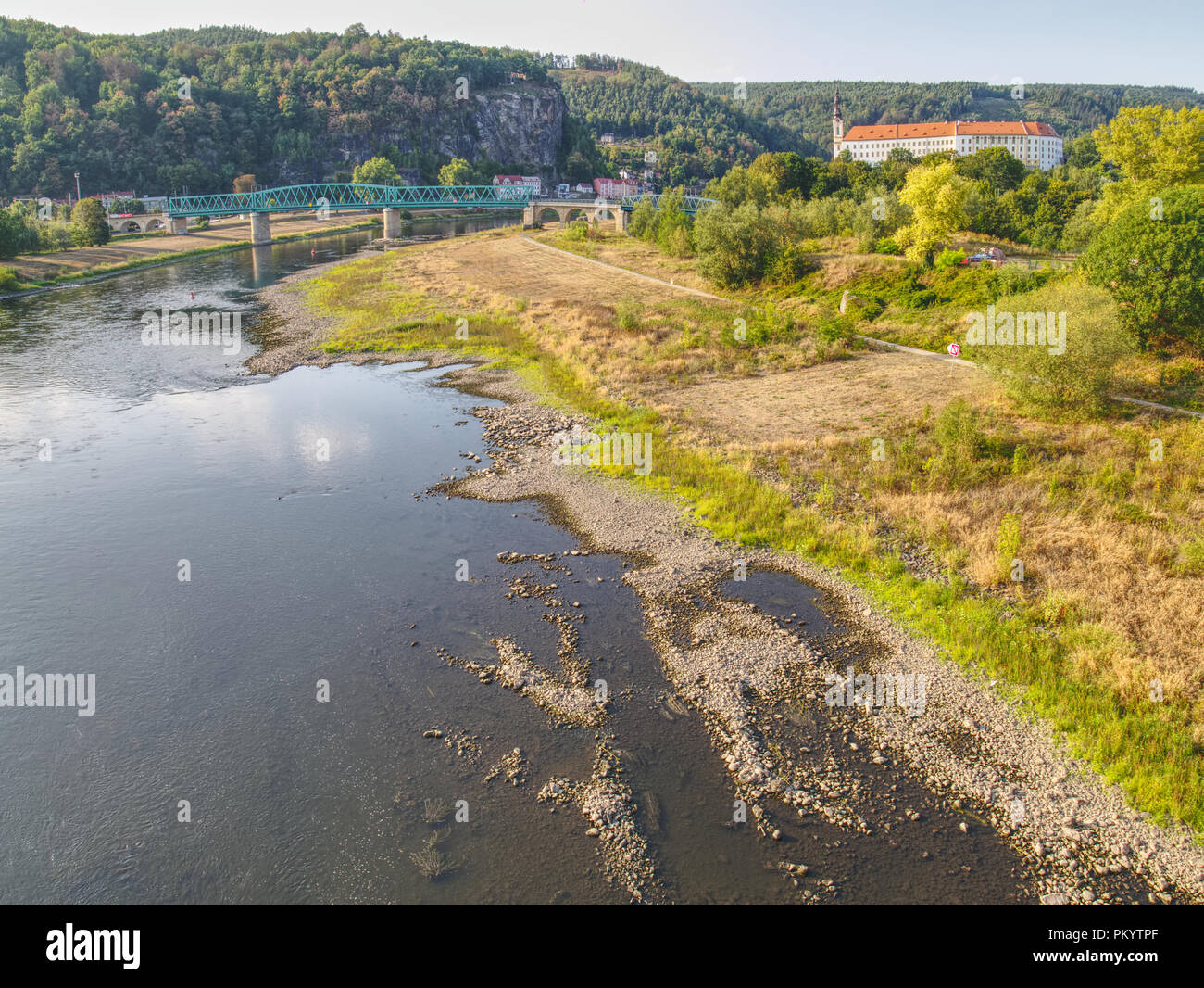 Dry riverbed of river Elbe in Decin, Czech Republic, summer 2018. Empty ...