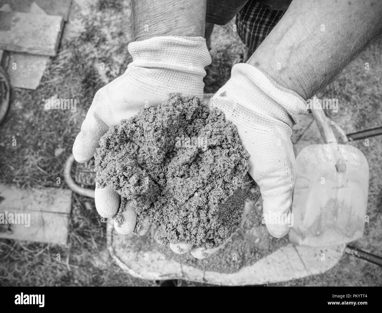 Worker hands in gloves holds sand. Wet yellow sand for building ...