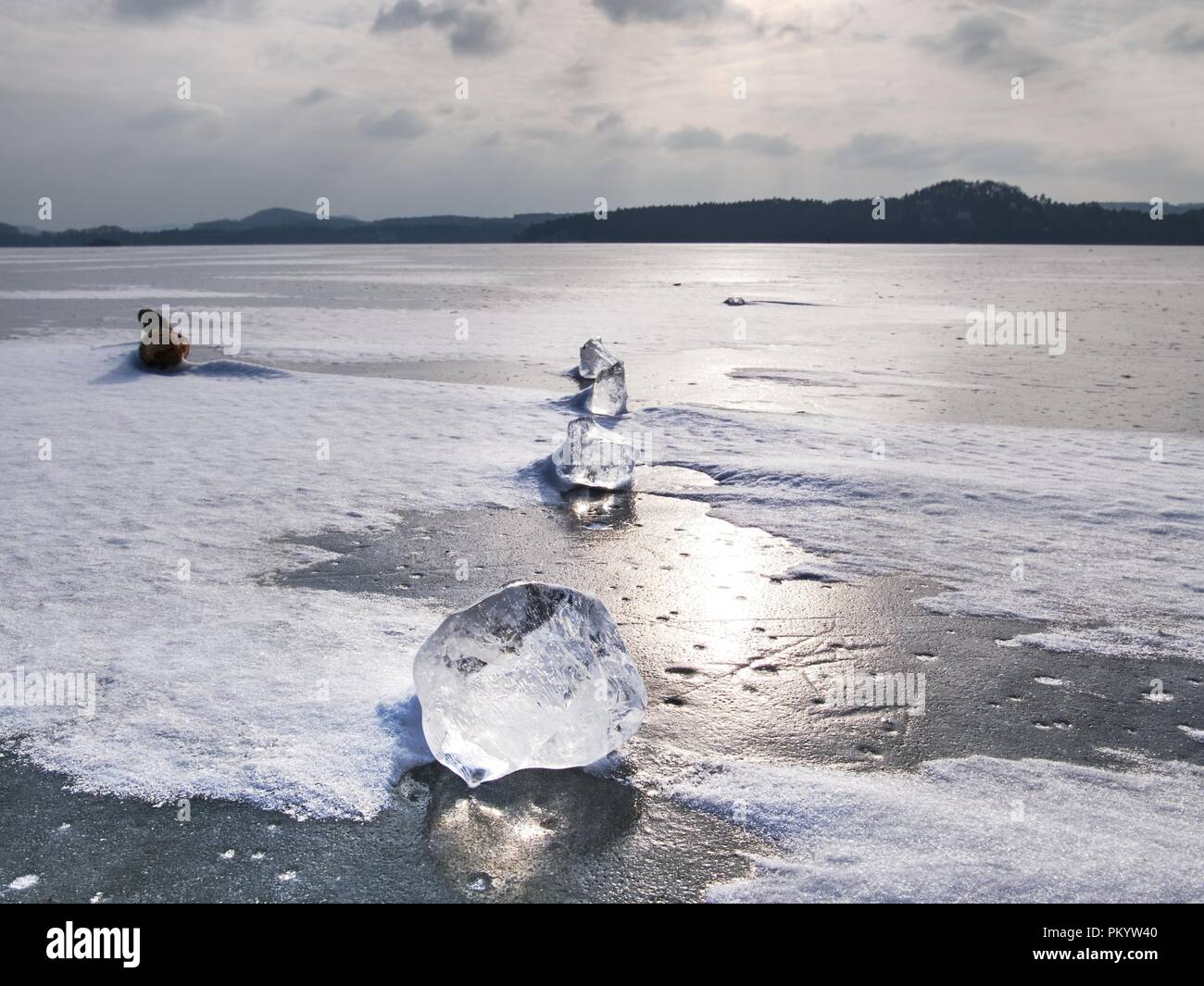 Ice floe and frozen landscape background. Winter view, frost gound ...