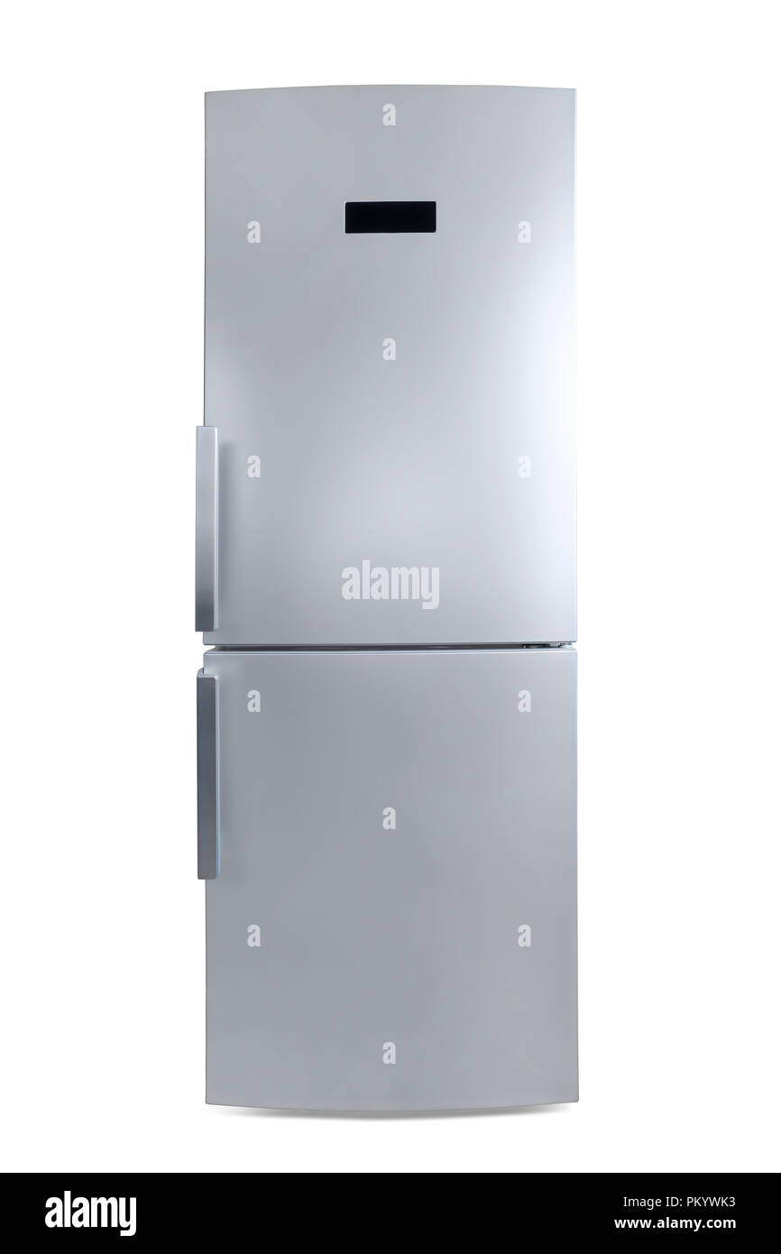 Large silver colored closed fridge front view. Isolated on white ...