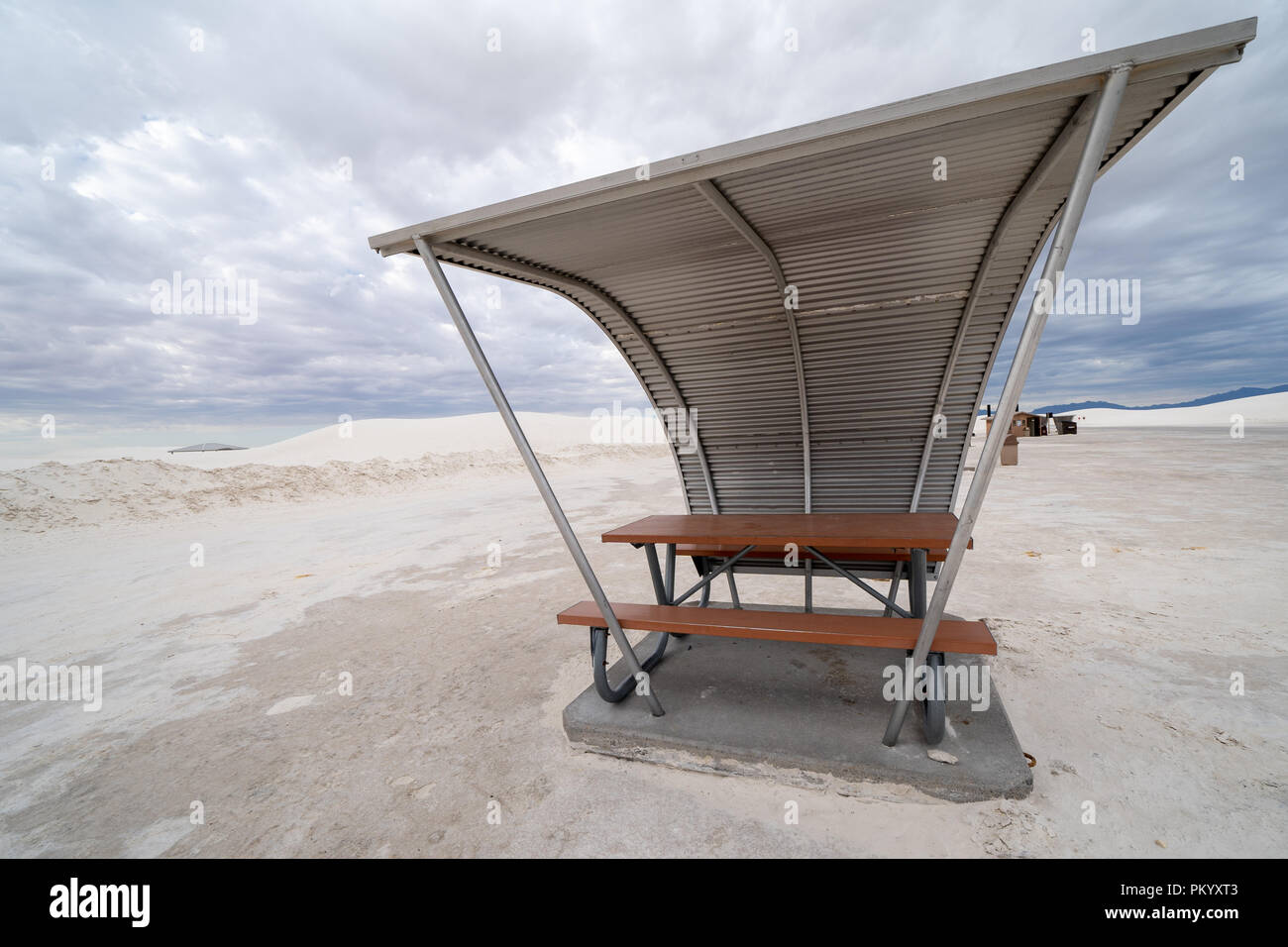 Retro style picnic tables and rest areas inside of White Sands National ...