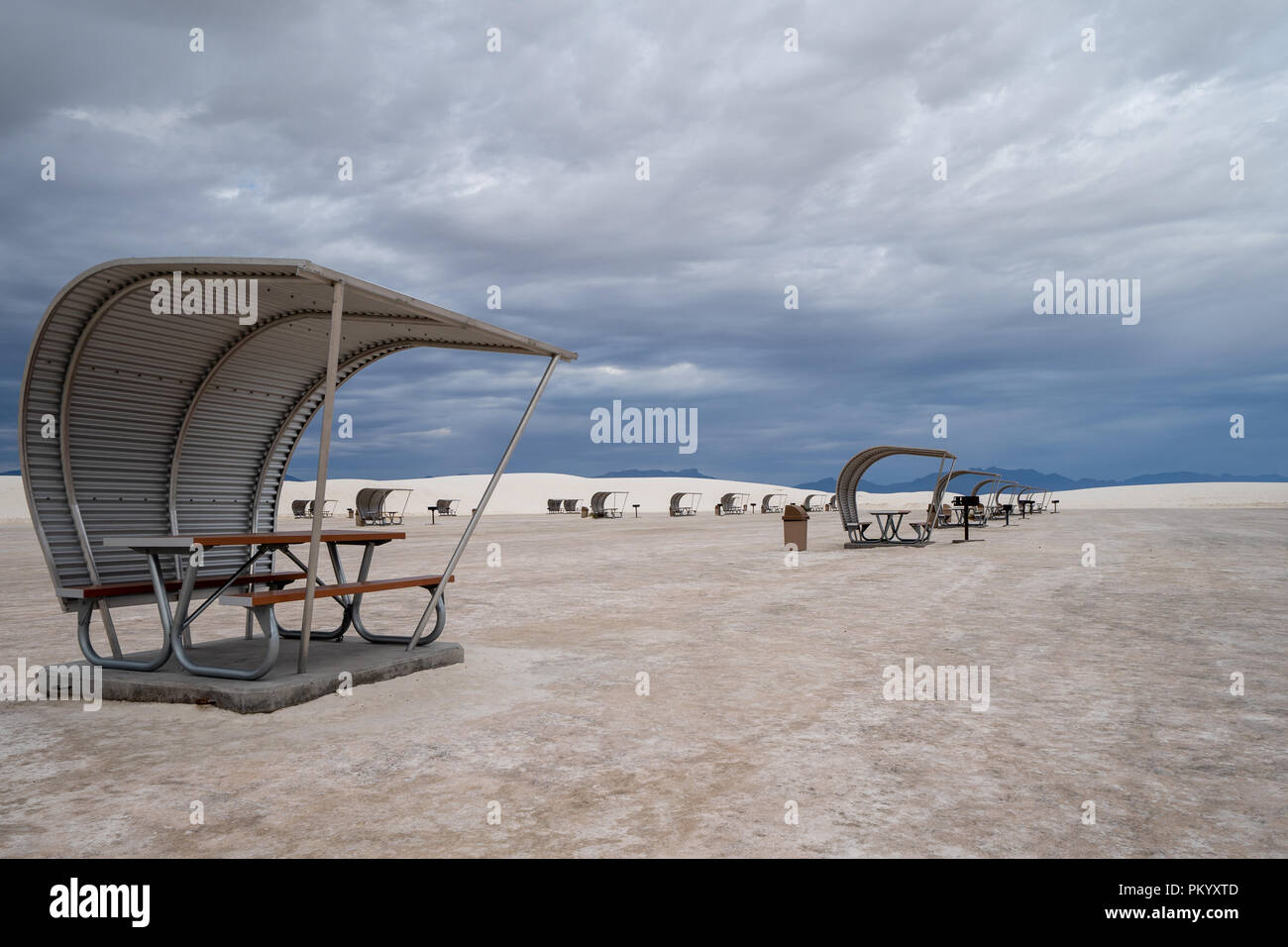Picnic tables in White Sands National Monument. Rest areas for guests ...