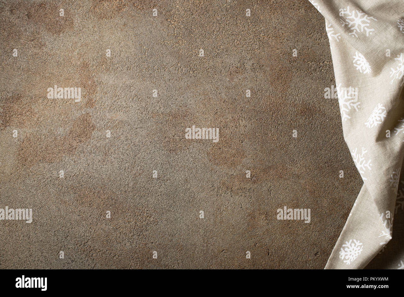 Kitchen stone table with towel. Top view with copy space. Concrete ...