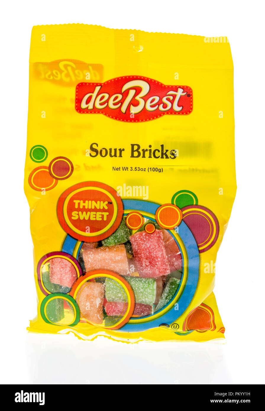 Winneconne, WI - 14 September 2018: A package of deeBest sour bricks candy on an isolated ...