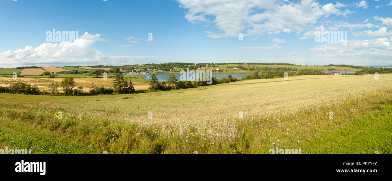 Rural landscape with fields and French River village in background, PEI ...