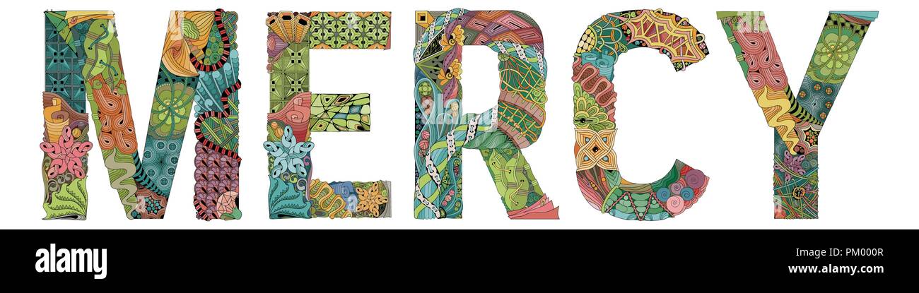 Hand-painted art design. Illustration word MERCY painted in warm colors ...