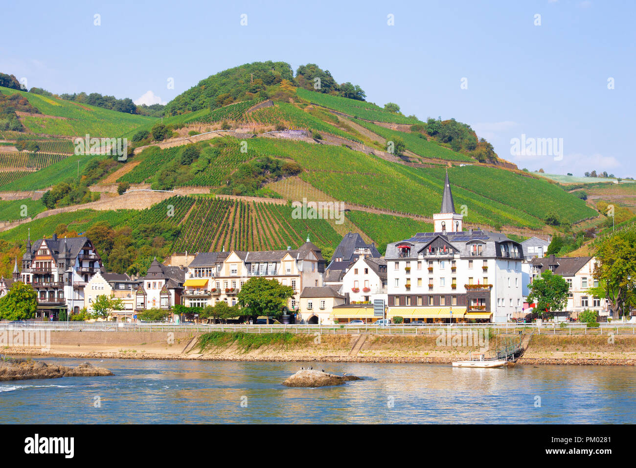Beautiful old villages and hillside vineyards along the Rhine River in ...