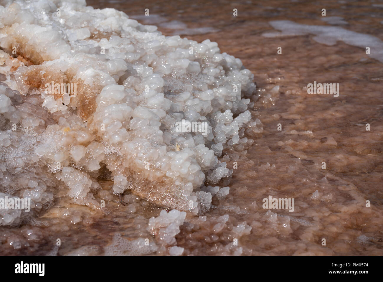 Close up of salt crystals forming at the shore of the water in Israel ...