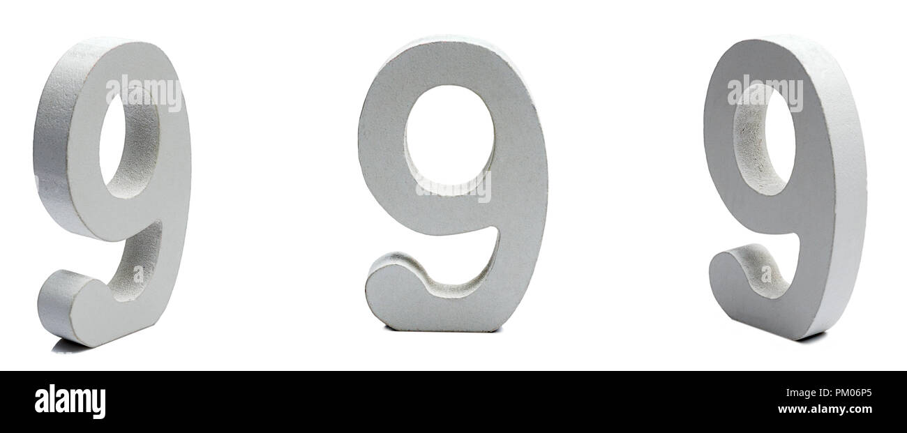 The number nine on a white background at different angles. The figure ...