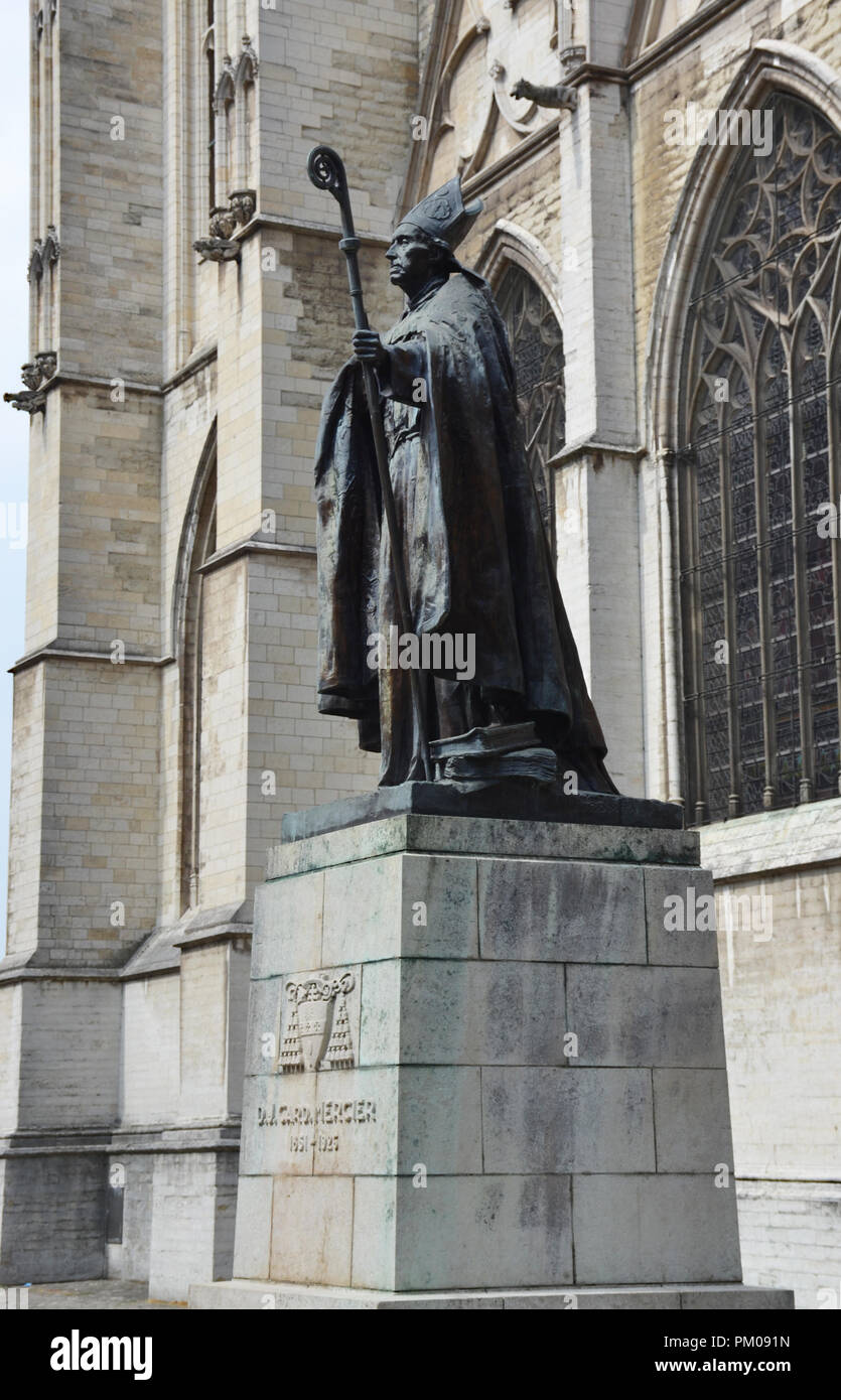 Statue of cardinal Mercier near st. Michaels and st. Gudula cathedral ...