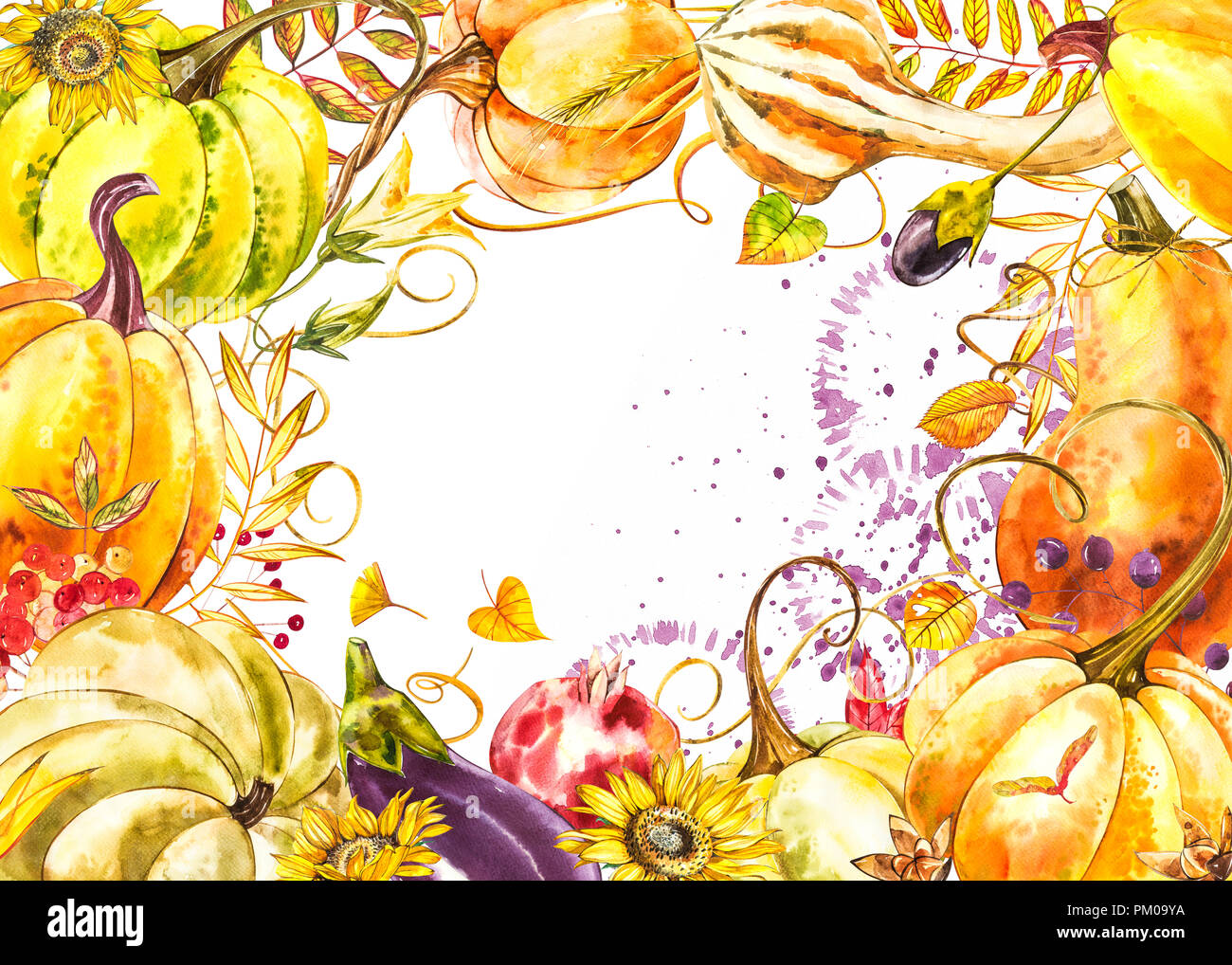 Autumn leaves and pumpkins border frame with space text on white ...