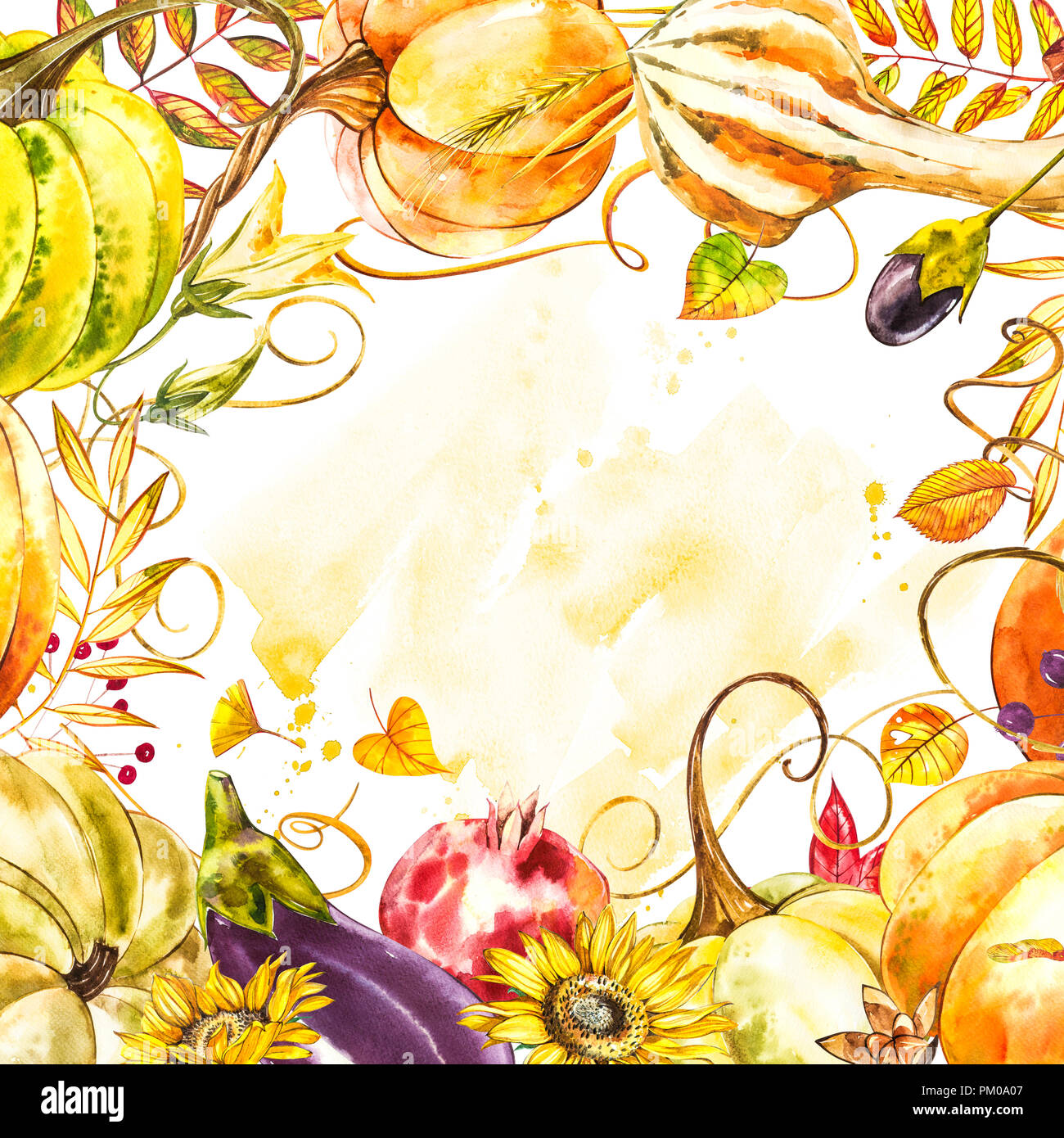 Autumn leaves and pumpkins border frame with space text on white ...